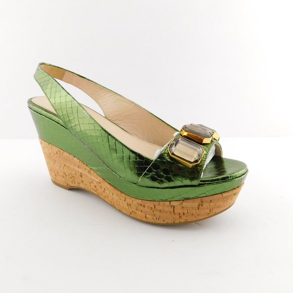 Prada | Shoes | Prada Crystal Emerald Green Metallic Snake Cork Wedge ...